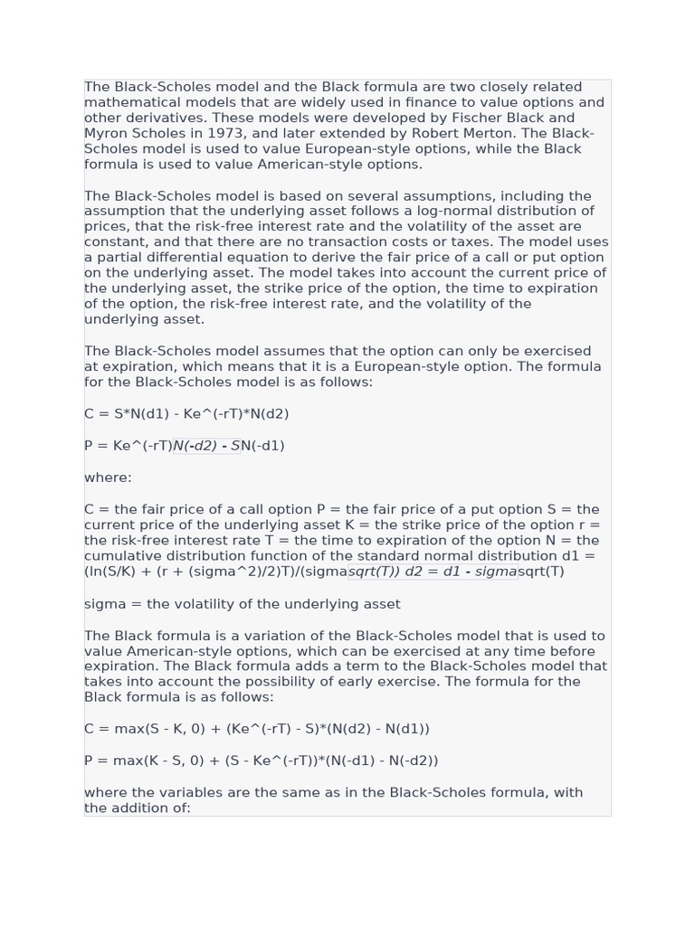 Black-Scholes Model and The Black Formula | PDF | Black–Scholes Model ...
