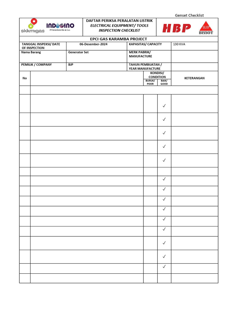 Checklist Genset 130 KVA | PDF
