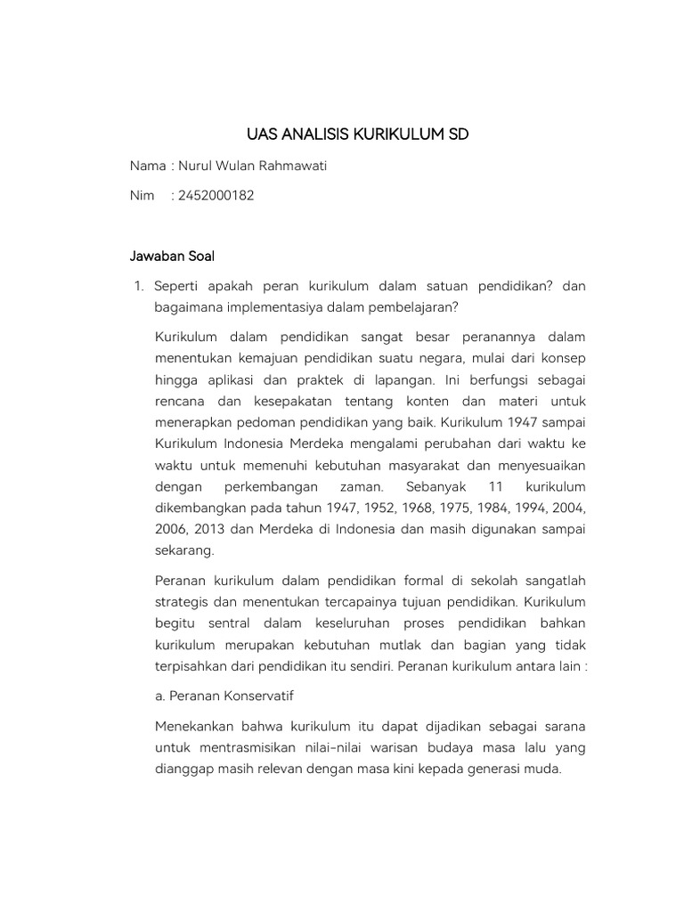 UAS Analisis Kurikulum_Nurul Wulan R_2452000182 | PDF