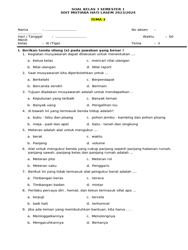 Soal PAS Kelas 3 Tema 3 - MH | PDF