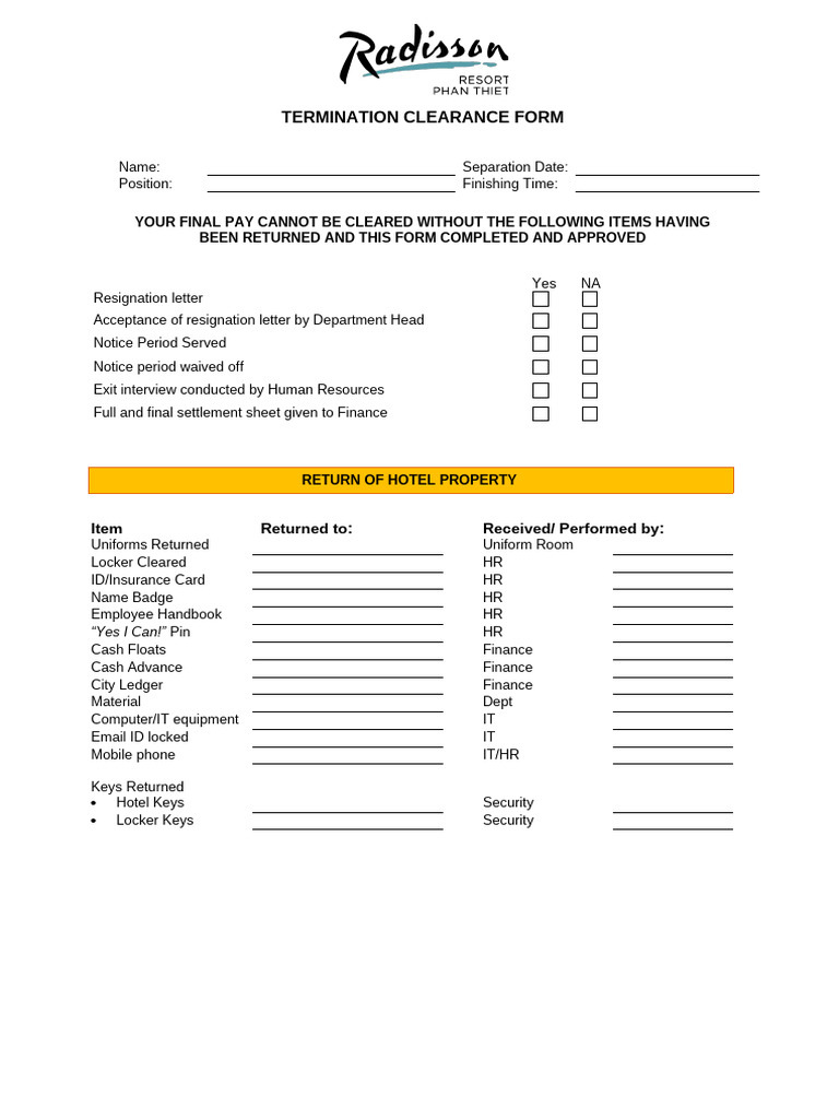 Termination Clearance Form | PDF