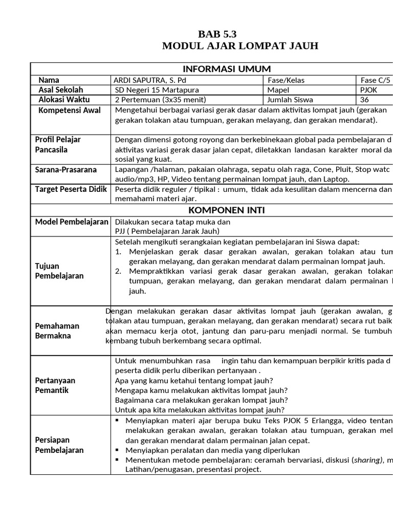 MODUL AJAR PJOK 5 BAB 5.3 (Lompat Jauh) | PDF