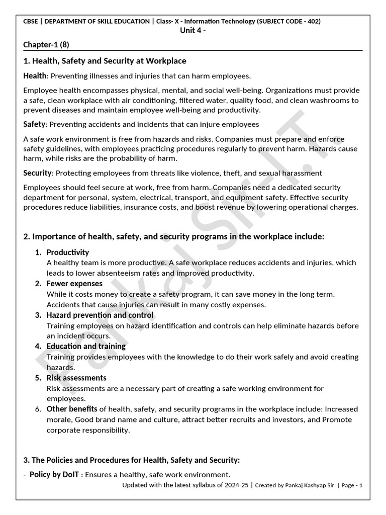 Class 10 IT - Health and Safety Notes | PDF | Hazards | Safety
