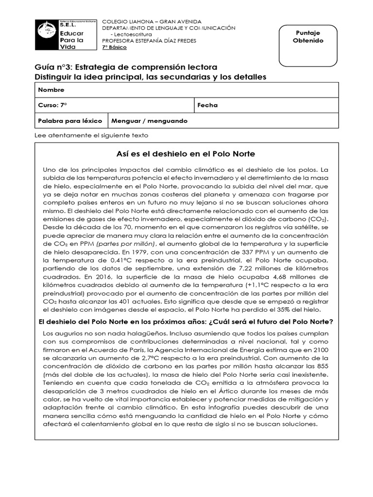 Guía N°3 - Distinguir La Idea Principal, Secundaria y Detalles | PDF | Cambio climático ...