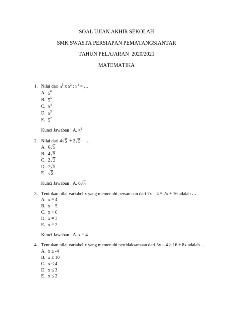 SOAL UJIAN SEKOLAH Matematika | PDF