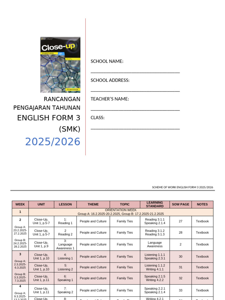 RPT ENGLISH FORM 3 (SMK) 2025-2026 by RozayusAcademy | PDF | English ...