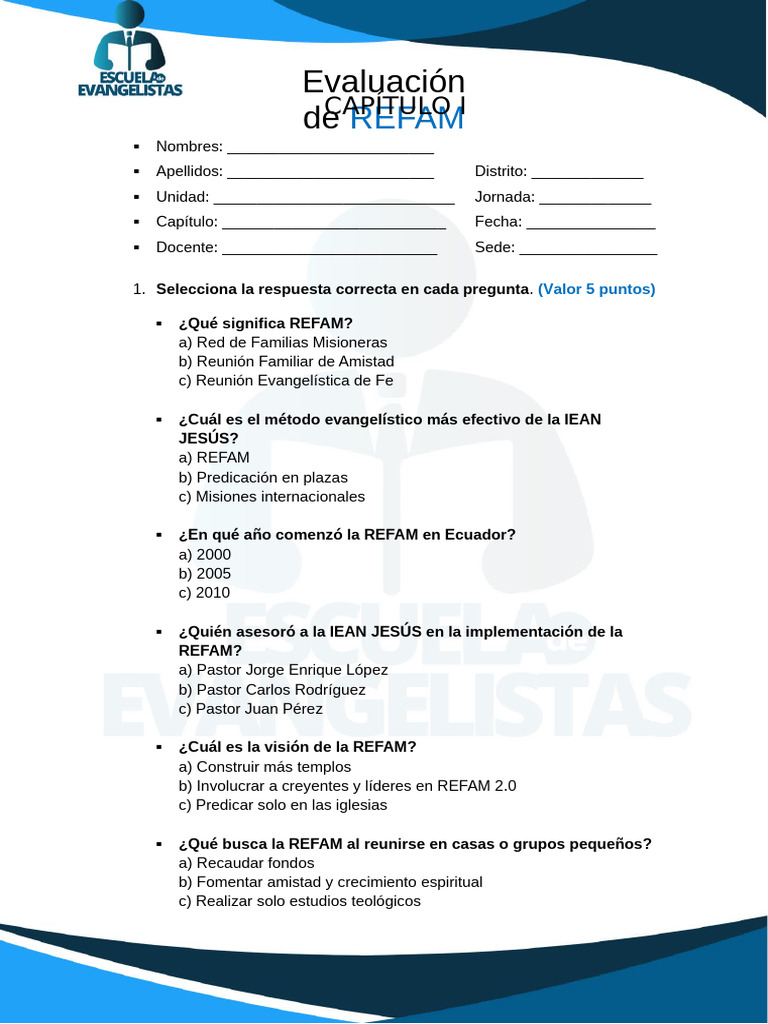 Evaluación de REFAM Del Capítulo I - Estudiantes | PDF | Gran comisión ...