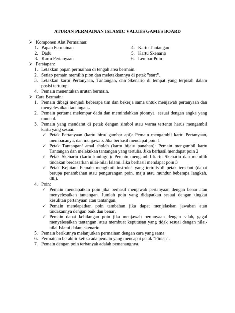 ATURAN PERMAINAN ISLAMIC VALUES GAMES BOARD | PDF