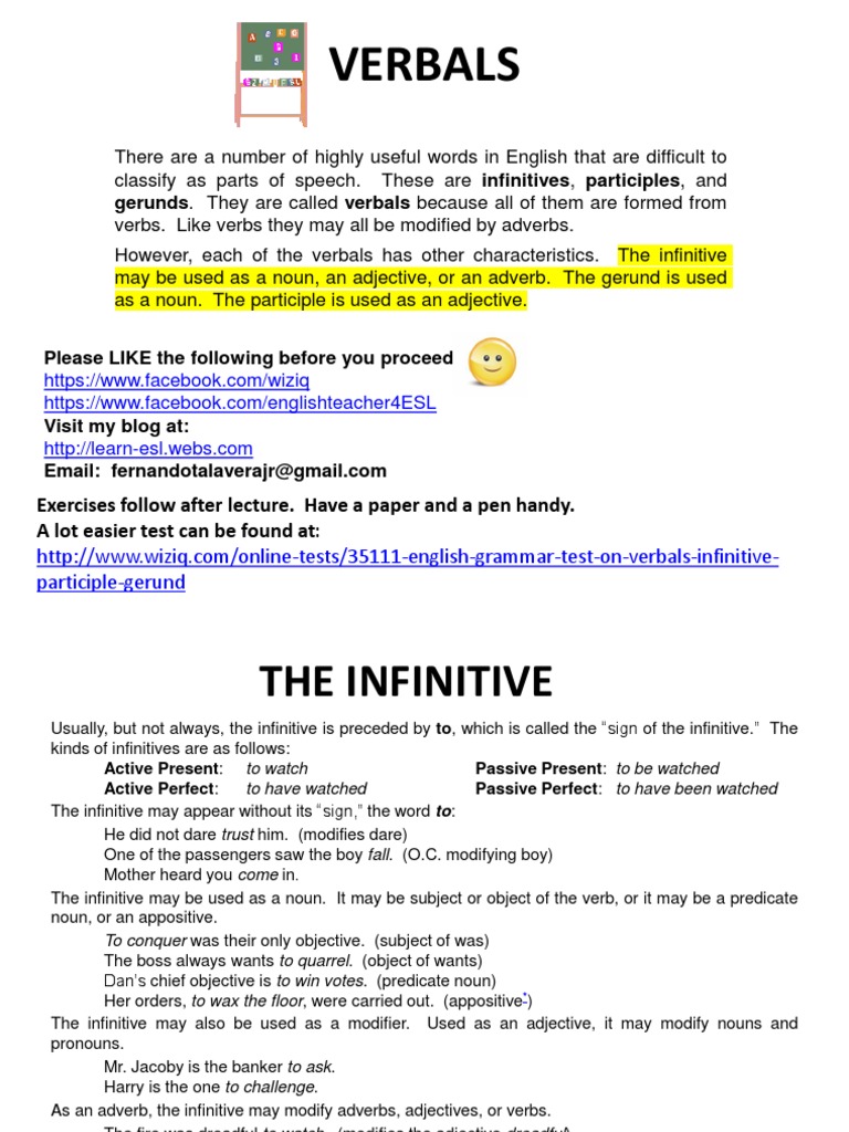 Verbals: Infinitives, Gerunds & Participles | PDF | Verb | Adjective