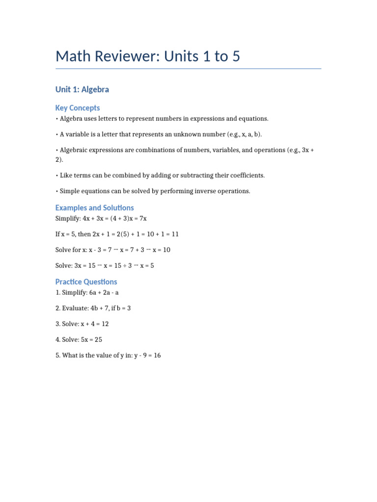 Math Reviewer Units 1 To 5 Progress | PDF