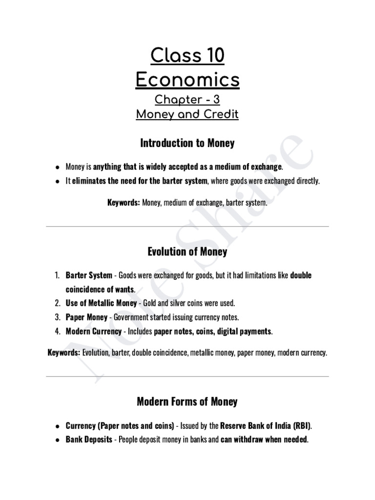 Class 10 Economics Chapter - Money and Credit | PDF | Money | Credit