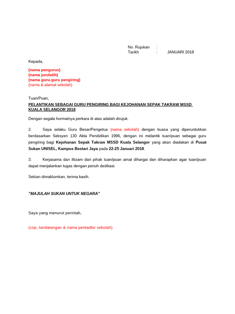 Format Surat Pelantikan Guru Pengiring | PDF