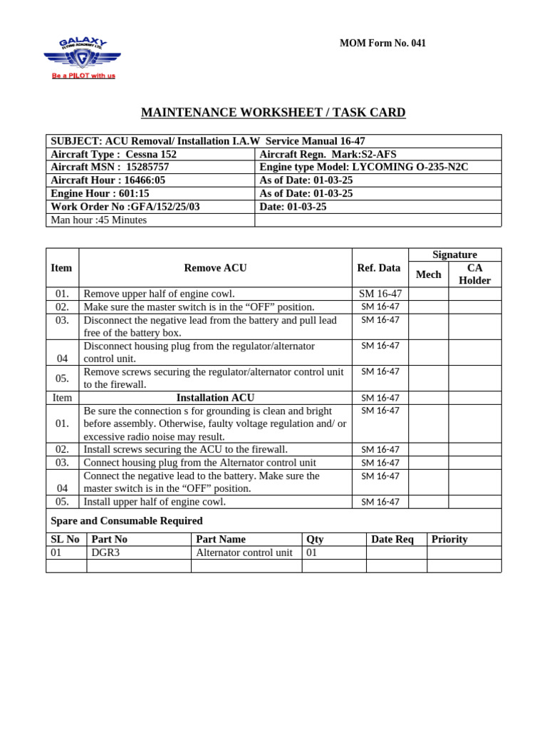 S2-AFJ ACU Task Card | PDF