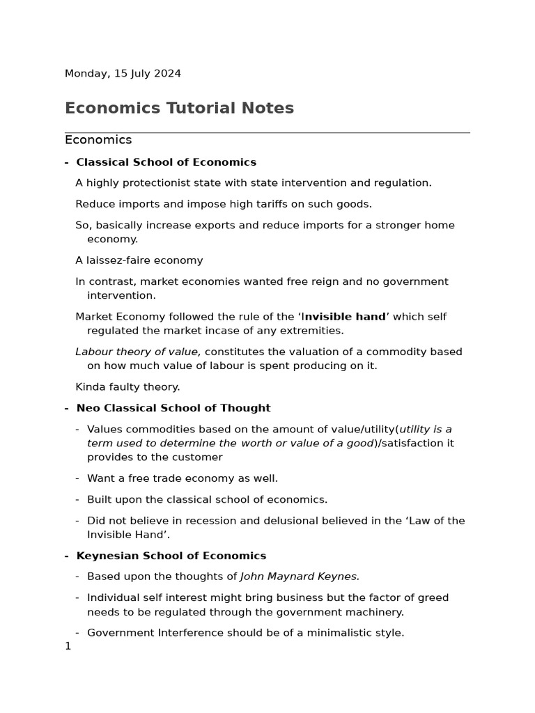 Economics Tutorial: Key Schools of Thought | PDF