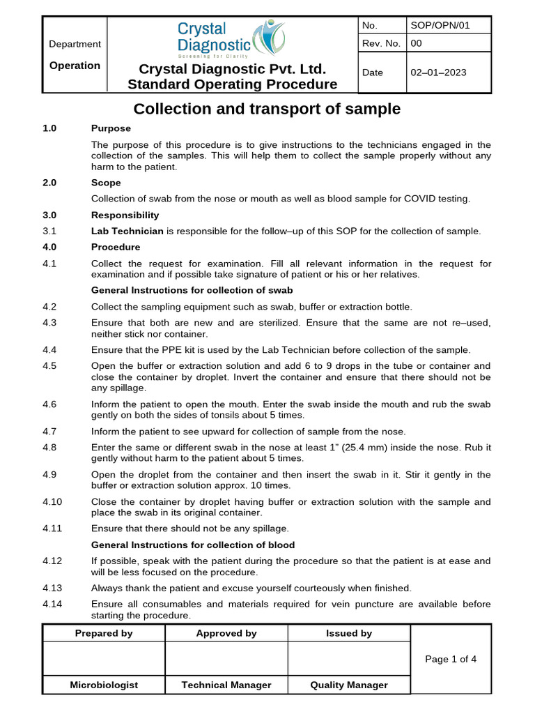 SOP - OPN - 01 - Collection and Transportation of Sample | PDF ...