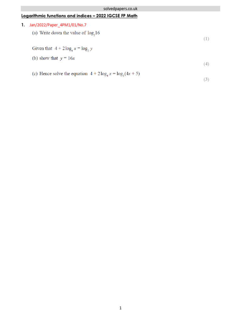 2022 Logarithmic Functions and Indices IGCSE FP Math | PDF