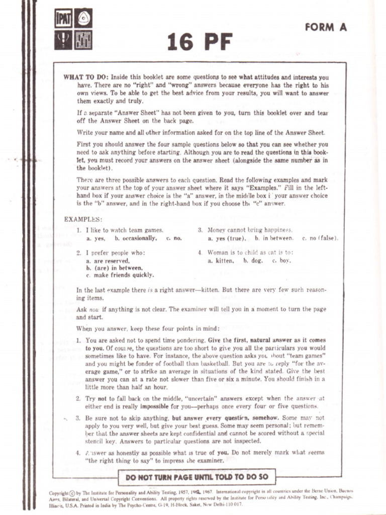 16 PF Test - Includes Manual and Assessment Sheets. | PDF