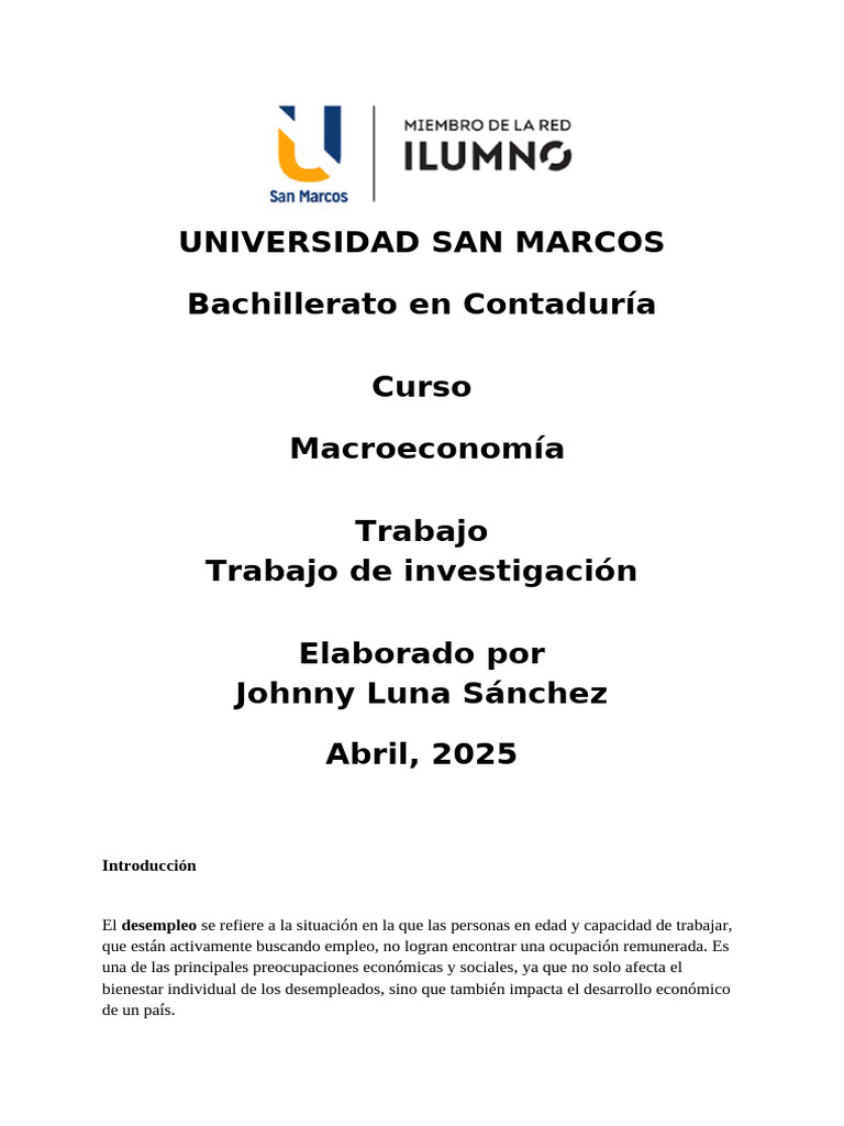 Trabajo de Investigación Macroeconomia, Johnny Alejandro Luna Sánchez | PDF | Desempleo | Empleo