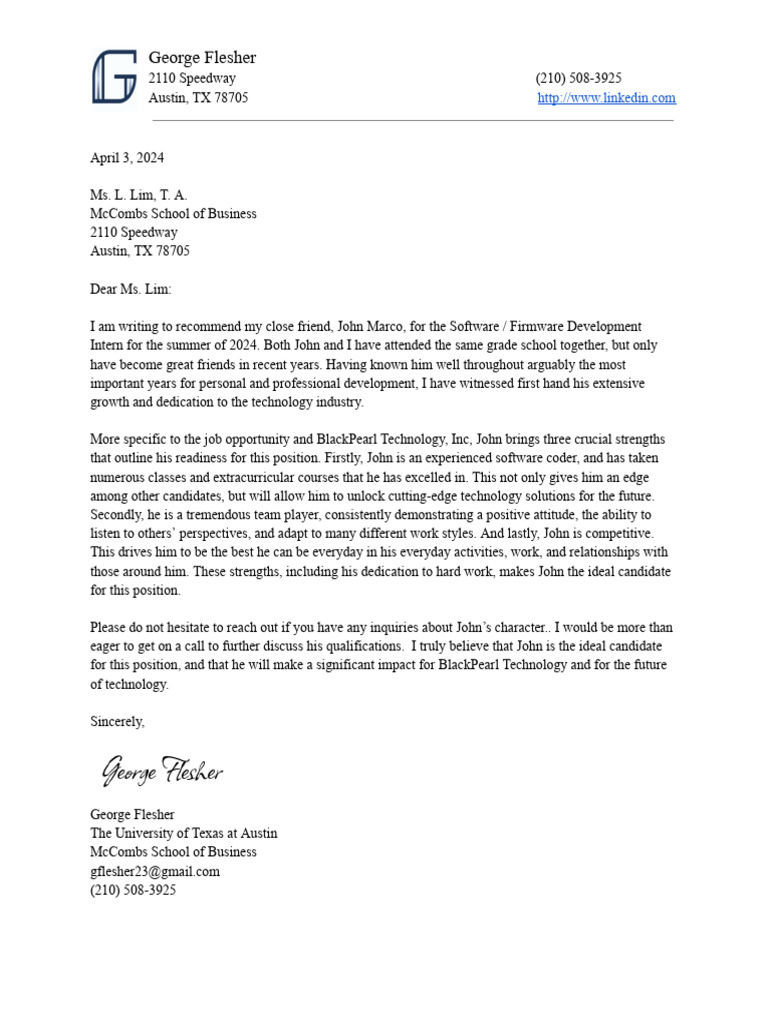 BA324 Reccomendation Letter Rough Draft | PDF