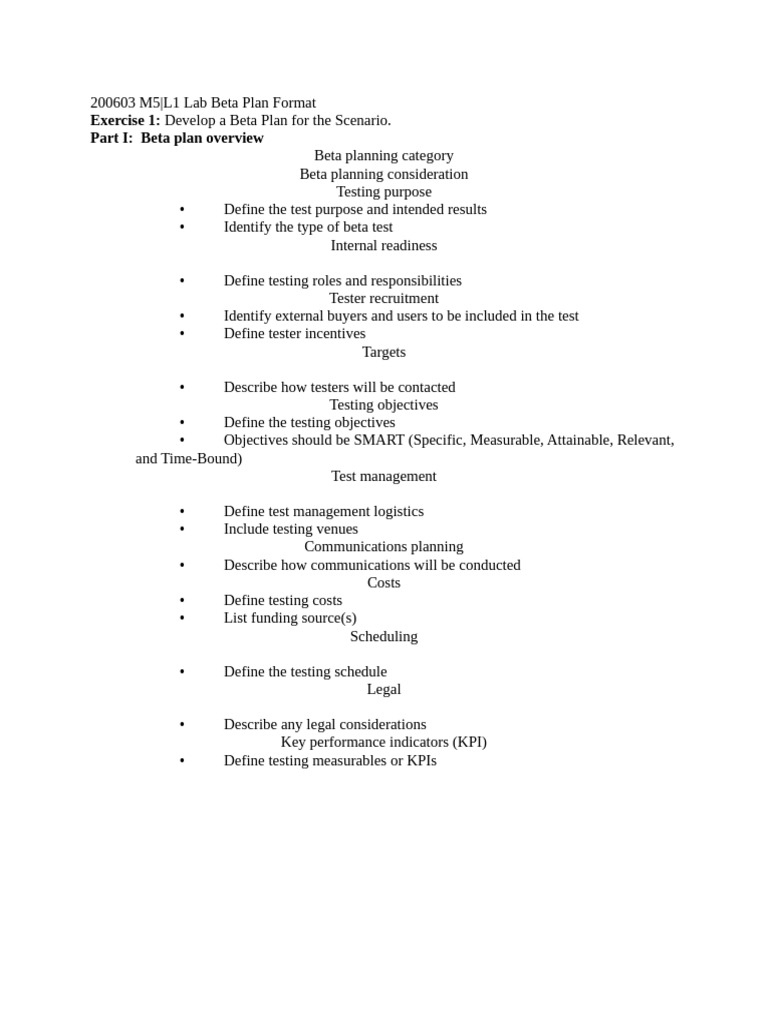 Lab Beta Plan | PDF | Software Testing | Performance Indicator