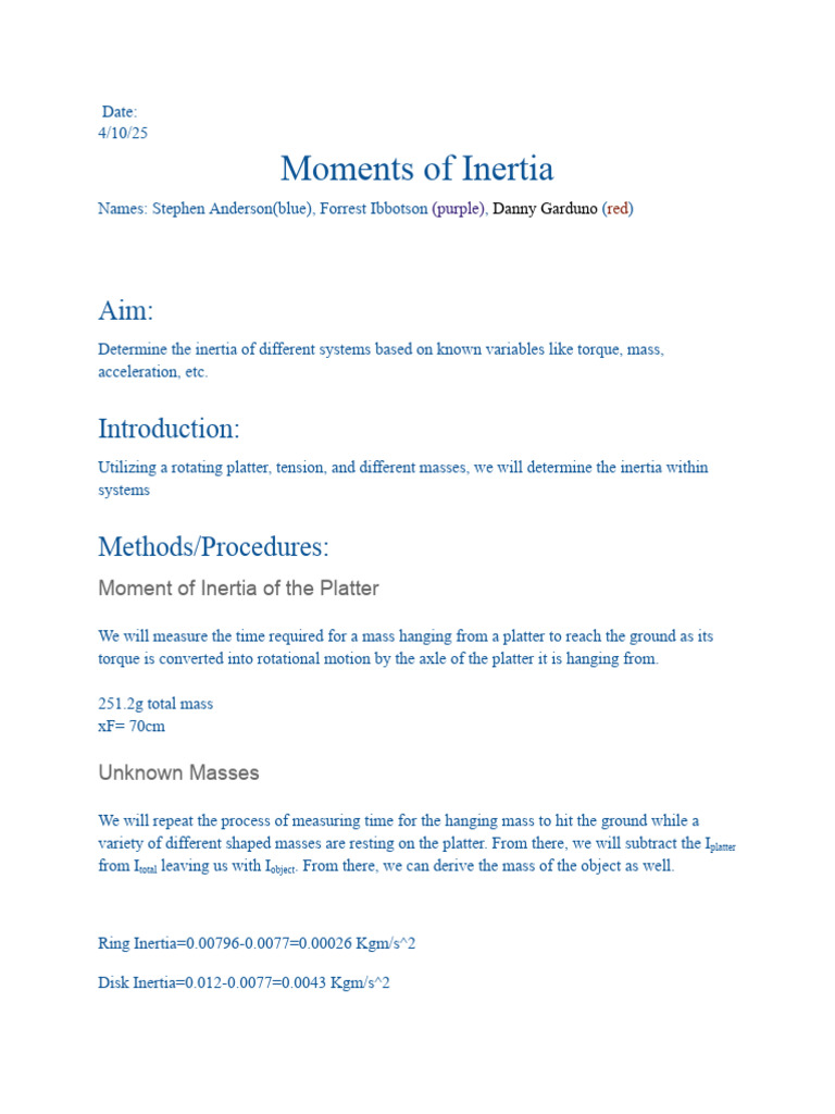 Measuring Moments of Inertia in Systems | PDF | Inertia | Mass