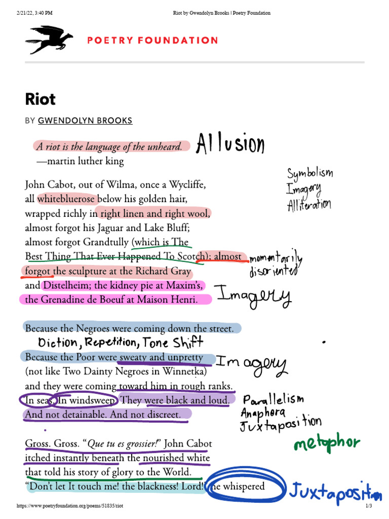 Gwendolyn Brooks' "Riot" Analysis | PDF