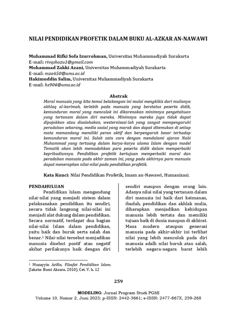 Nilai Pendidikan Profetik Dalam Buku Al-Azkar An-Nawawi | PDF