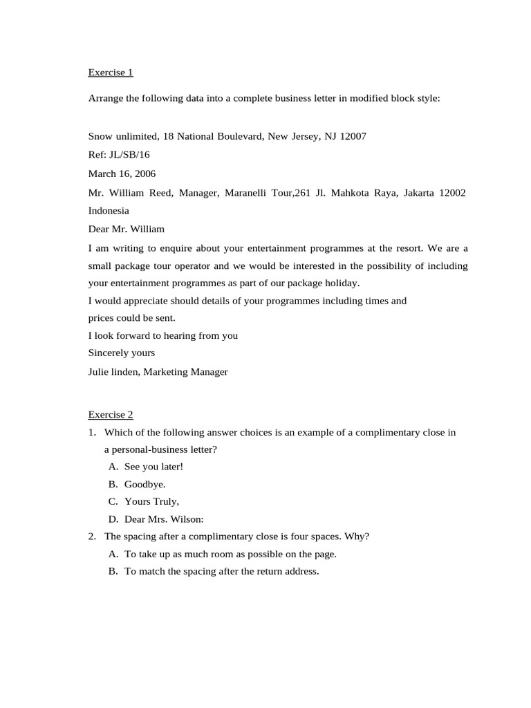 Business Letter Writing Exercises | PDF