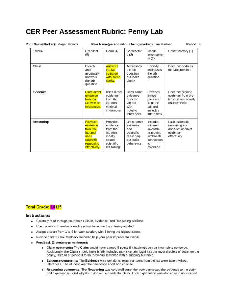 CER Peer Assessment Rubric | PDF