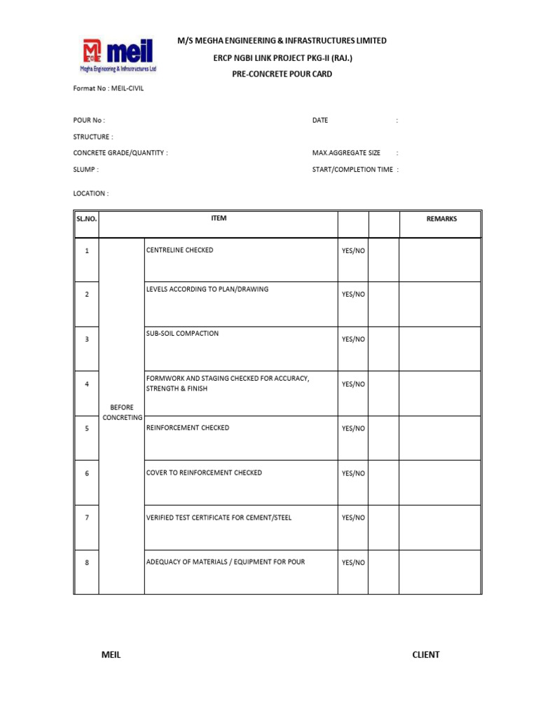 PRE Pour Card of Concrete. UPDATEDdocx | PDF