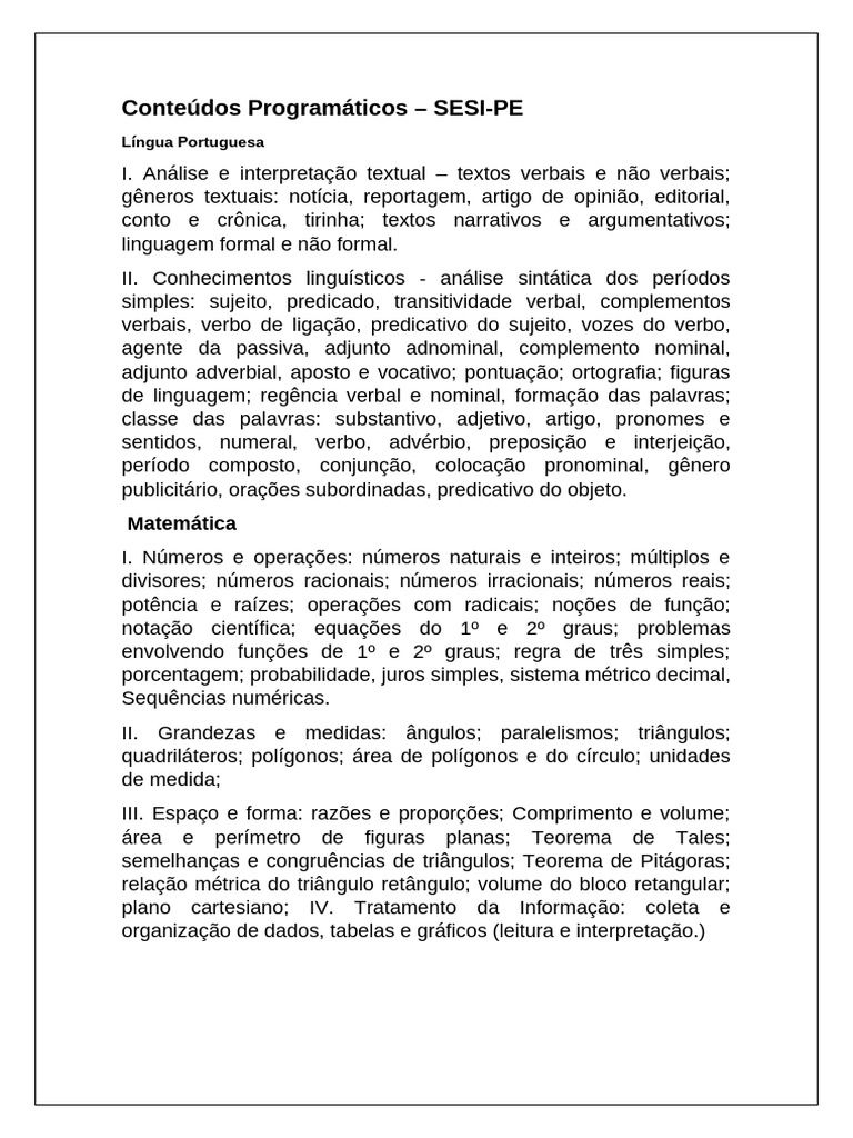 Conteúdos Programáticos SESI-PE | PDF