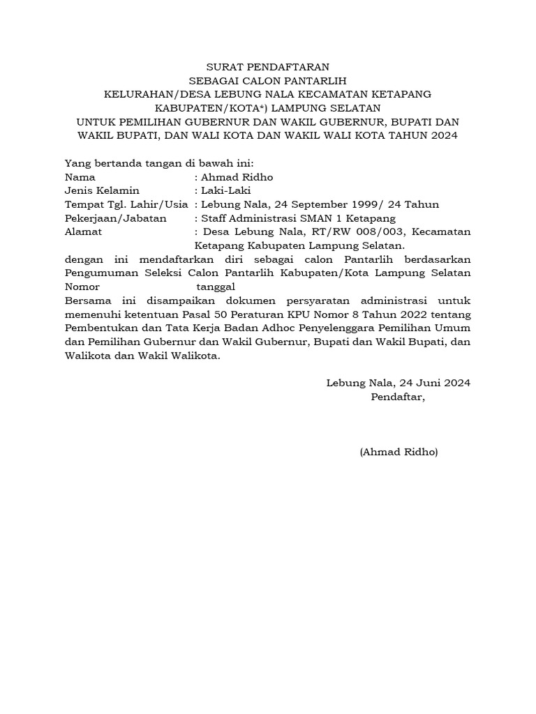 Surat Pendaftaran Pantarlih | PDF