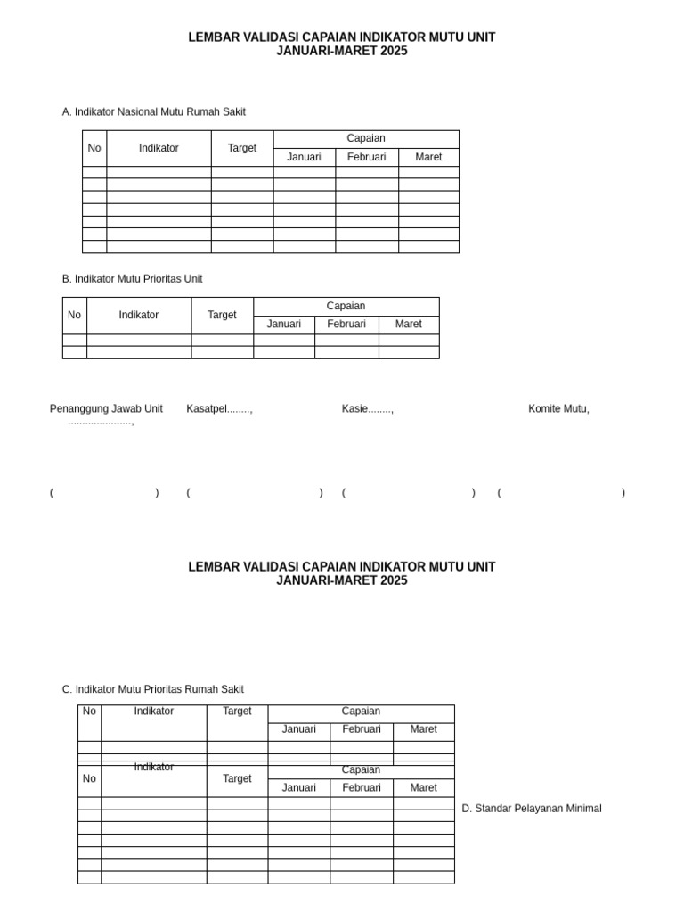 Lembar Validasi Indikator Mutu Unit Triwulan 1 | PDF