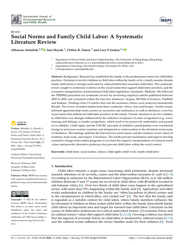 Social Norms and Family Child Labor A Systematic Literature Review ...
