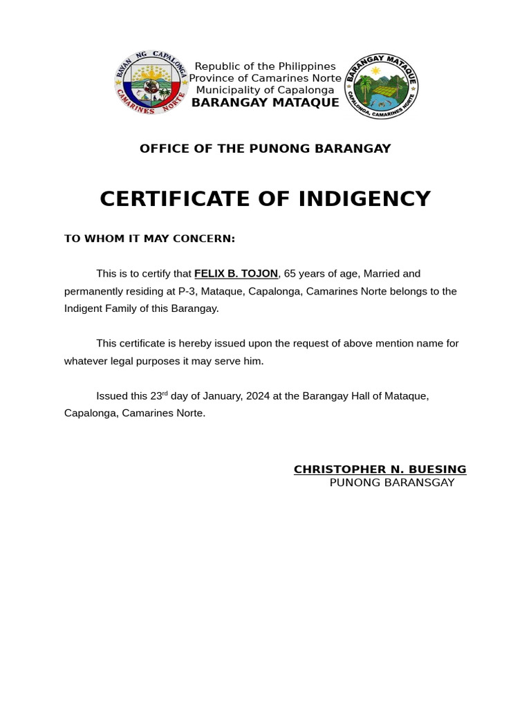 Certificate of Indigency | PDF