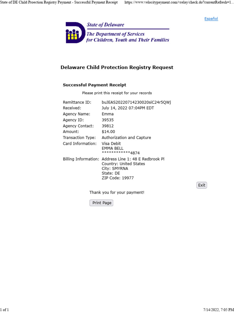 State of de Child Proection Registry Payment - Successful Payment Receipt | PDF