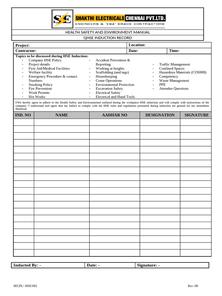SECPL-HSE-002 HSE Induction Record | PDF
