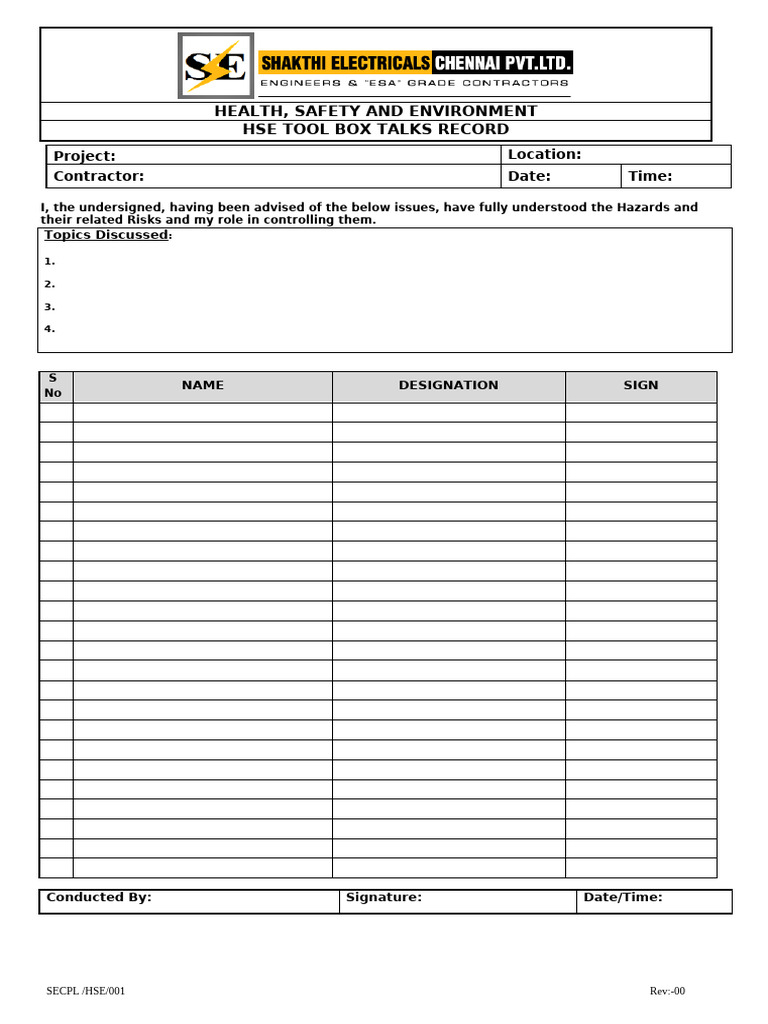 HSE Tool Box Talks Record | PDF