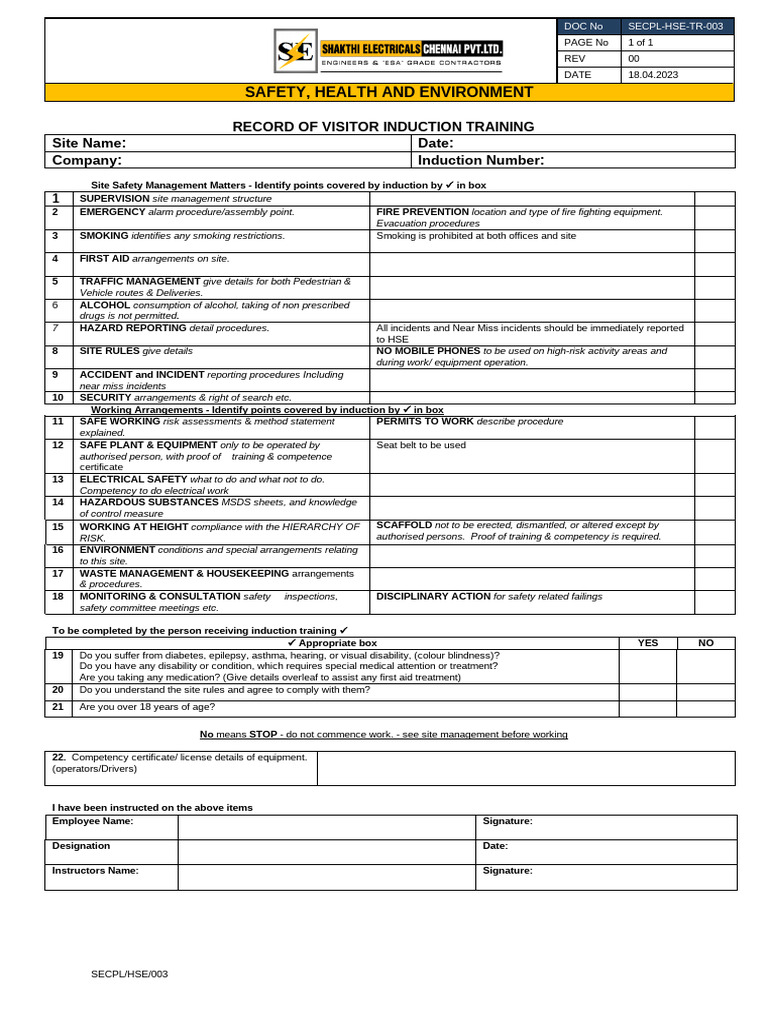 Visitor Safety Induction Record | PDF | Safety | Occupational Safety ...