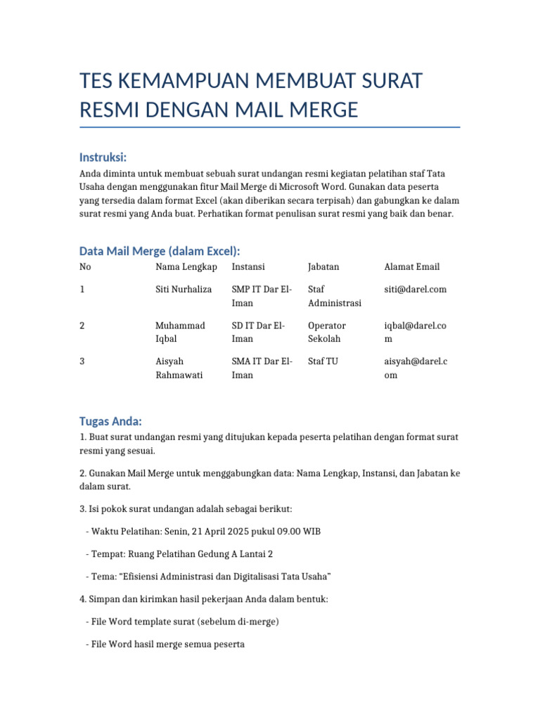 Soal Tes Surat Resmi Mail Merge | PDF