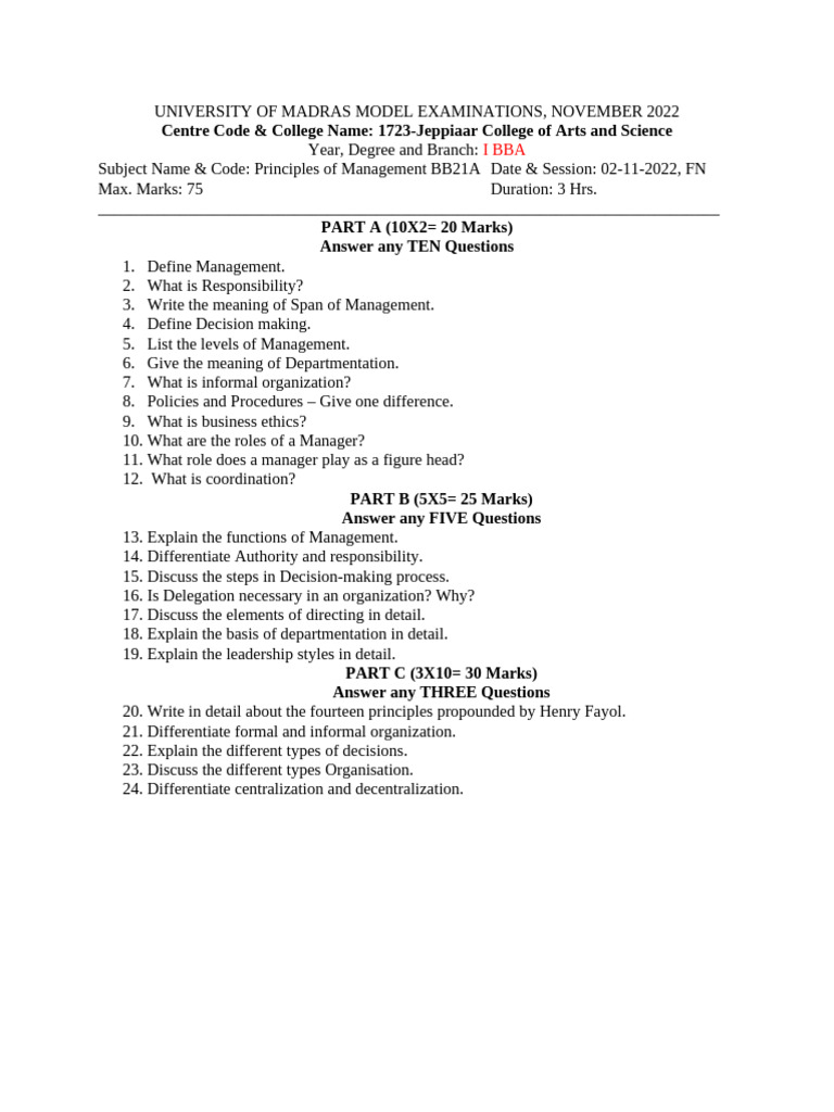 Principles of Management Model Examination | PDF