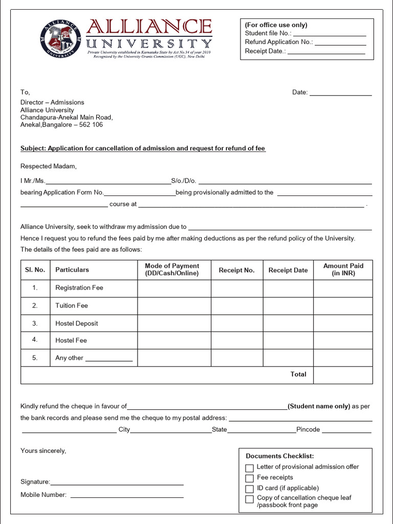 application-form-for-cancellation | PDF | Receipt | Cheque