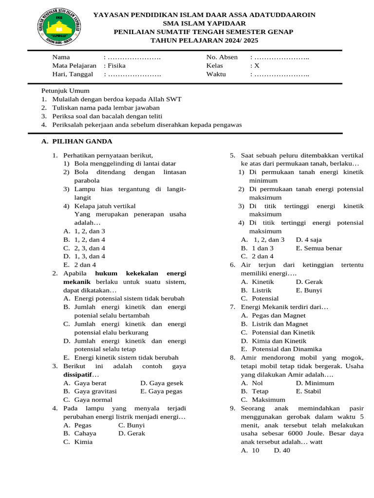 Soal PTS Fisika Kelas 10 2024-2025 | PDF