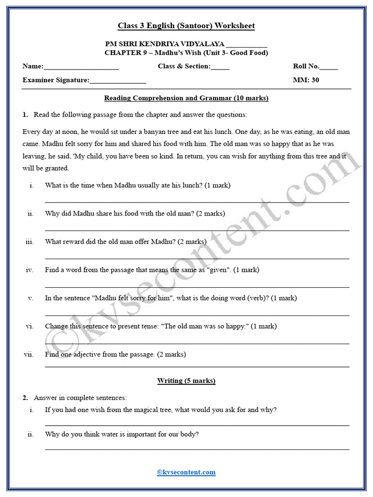 Madhu's Wish: Class 3 Worksheet Answers | PDF