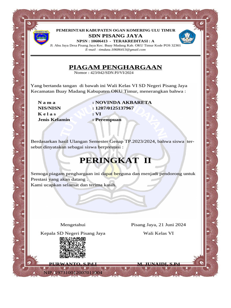 PIAGAM JUARA KELAS SDN PISANG JAYA | PDF