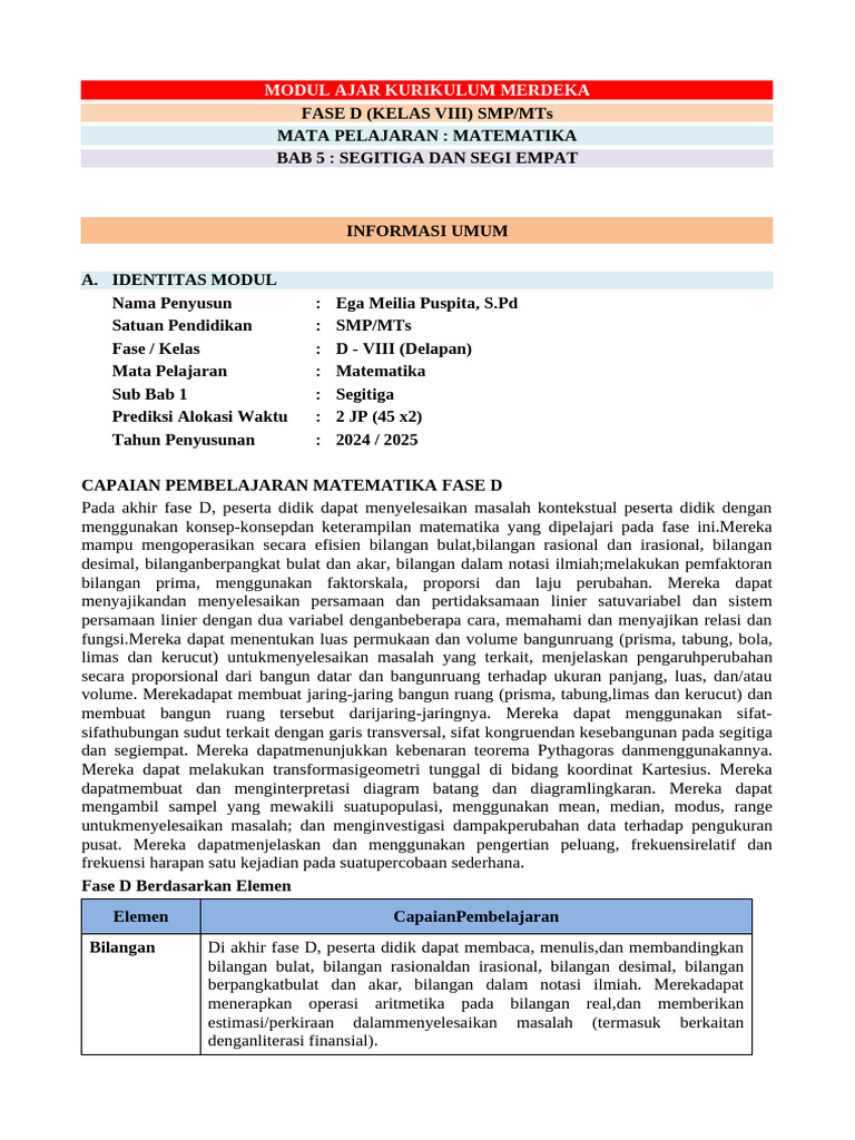 Modul Ajar MTK Fase D Kelas 8 Bab 5.1 | PDF