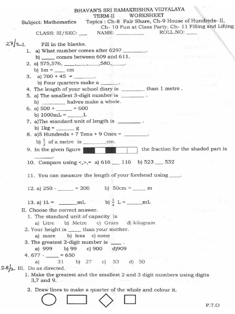 Term 2 Maths & EVS Worksheet - Merged | PDF