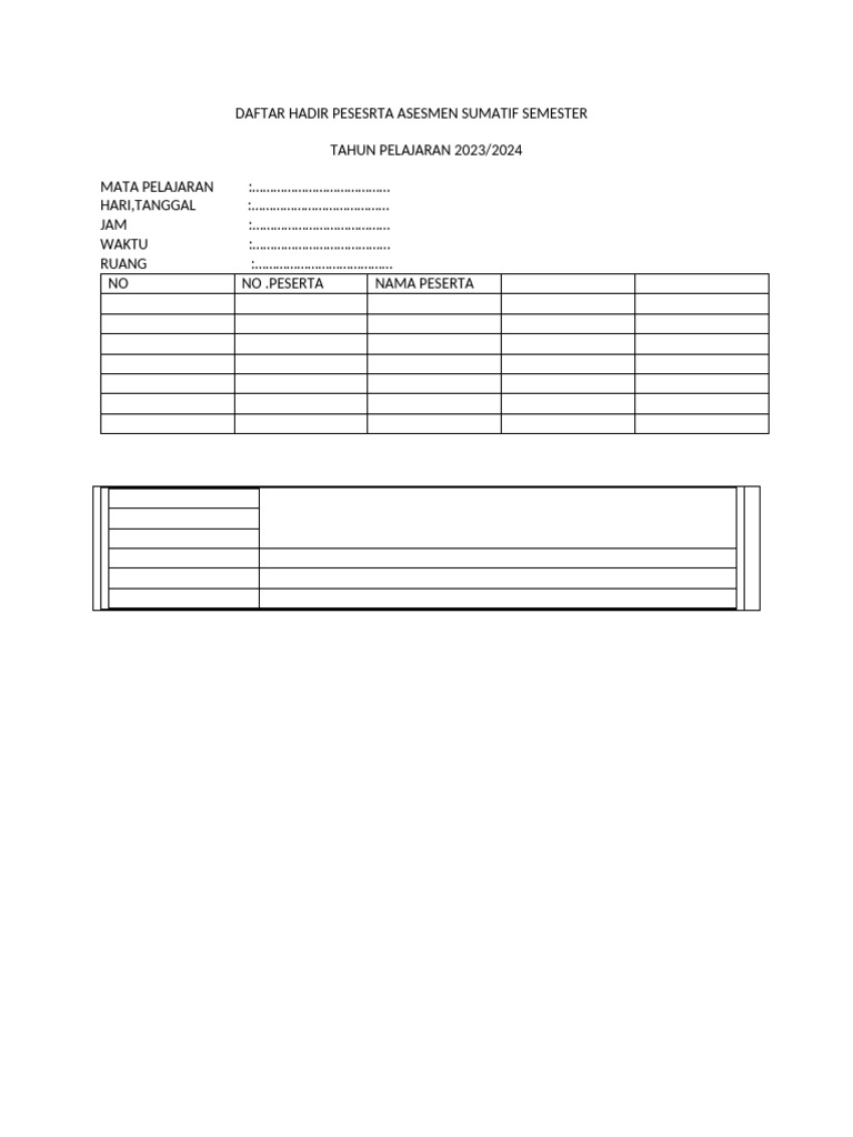 Daftar Hadir Pesesrta Asesmen Sumatif Semester | PDF