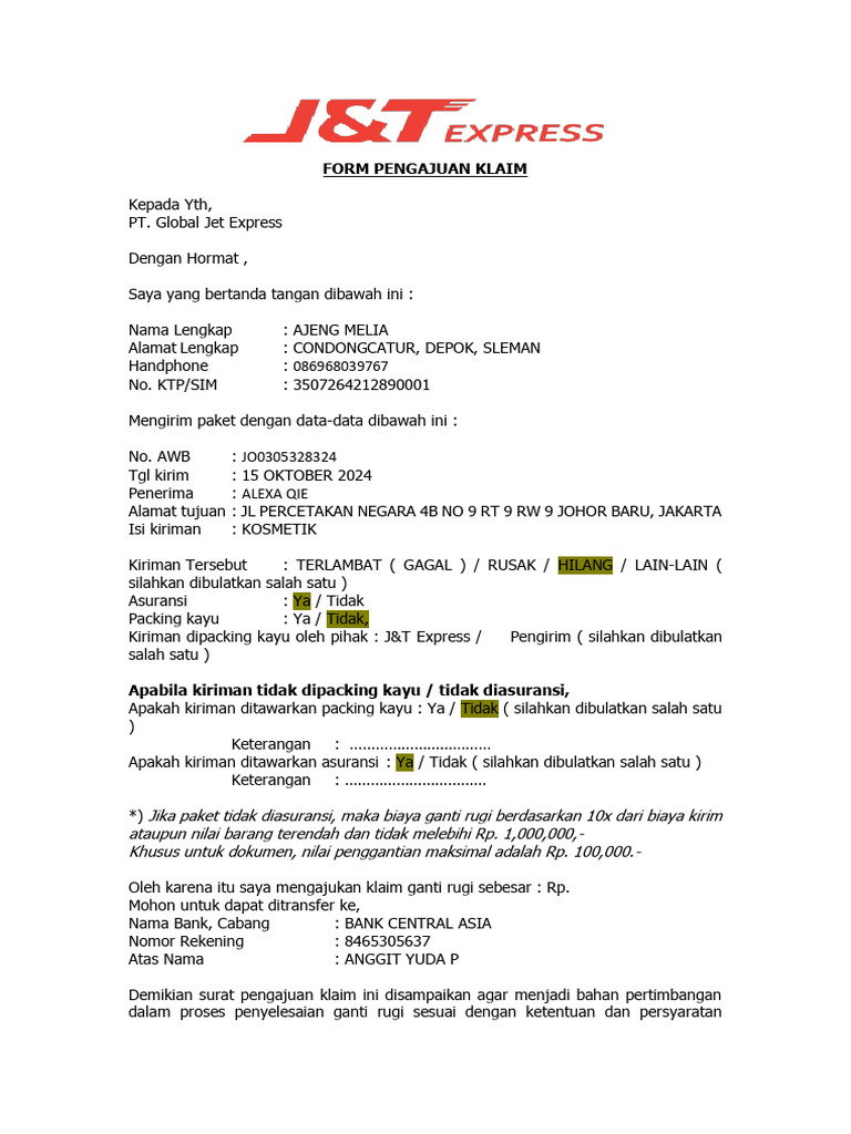 Form Pengajuan Claim Jo0305328324-2 | PDF