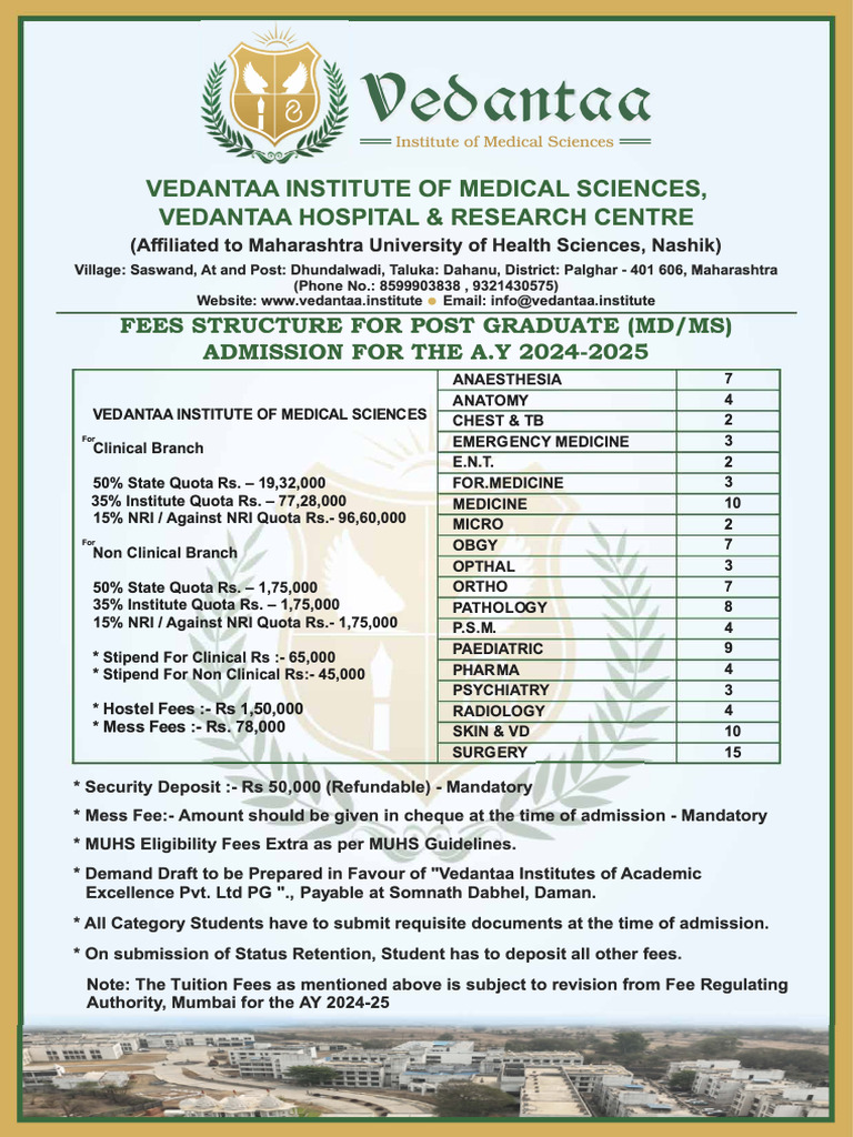 Vedantaa PG Fees Structure 2024-25 | PDF | Medical Education | Social Programs